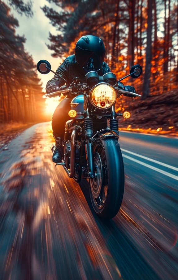 Motorcyclist Rides Motorcycle on Asphalt Road on Sunset Stock Photo ...