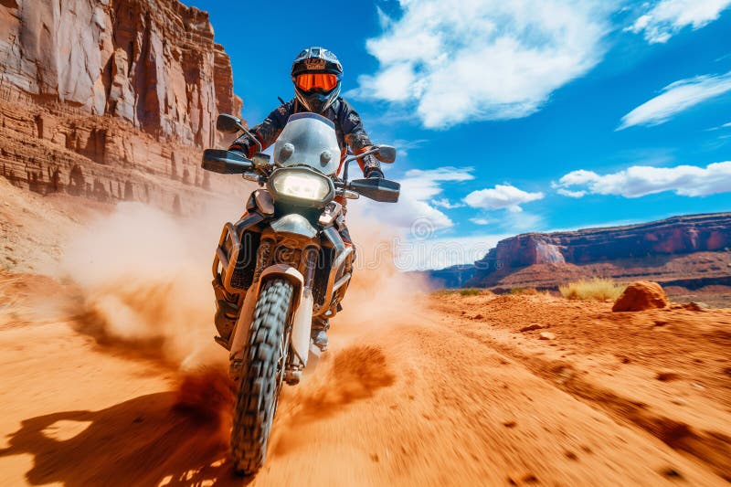 Motorcyclist Riding through a Desert Canyon Trail Stock Illustration ...