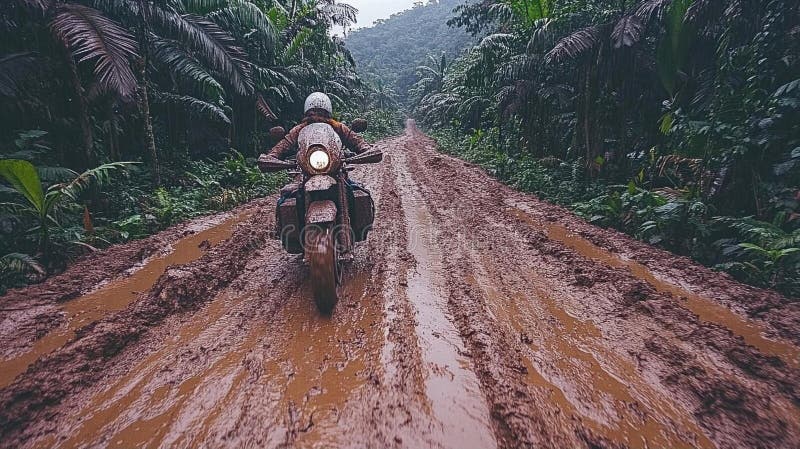 Motorcyclist Riding through a Muddy Jungle Road Stock Image - Image of ...