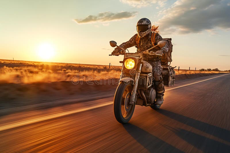 Motorcyclist Riding on the Road at Sunset, Motion Blur Effect Stock ...