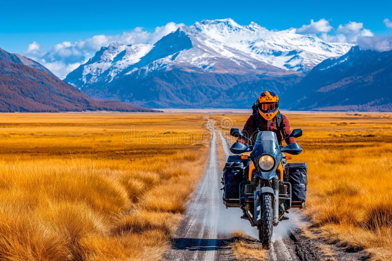 Motorcyclist Riding through a Scenic Valley with Mountains in the ...