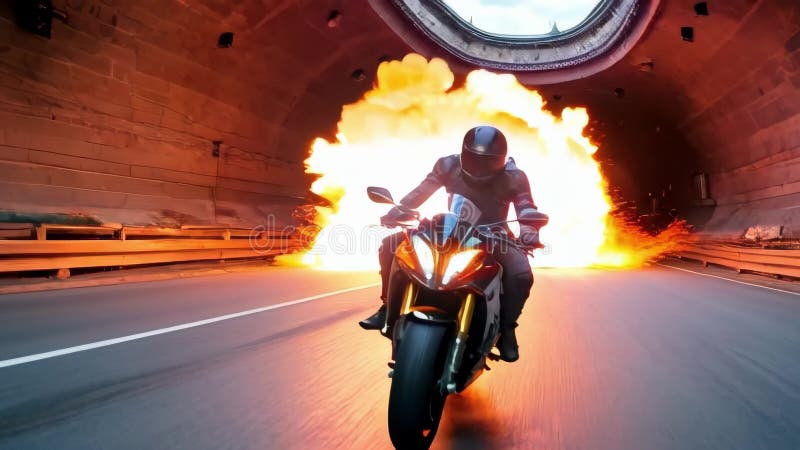 Motorcyclist Speeding through Dramatic Tunnel with Glowing Fire Effects ...
