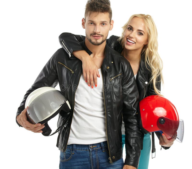 Motorcyclists Couple with Helmets Stock Image - Image of leisure, girl ...