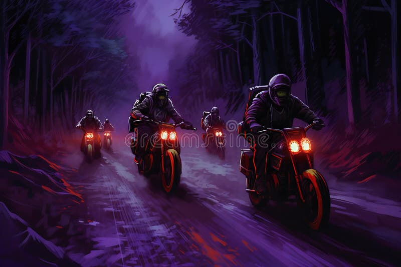 Motorcyclists Riding on the Road in the Forest at Night Stock ...