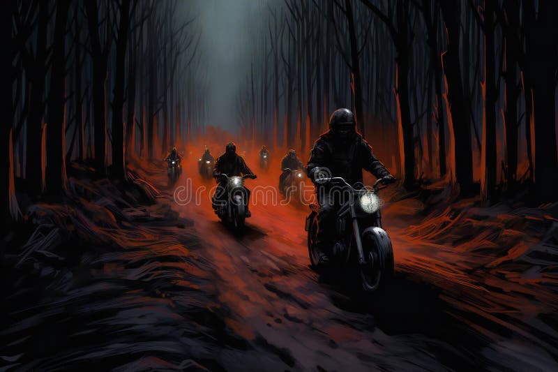 Motorcyclists on the Road in the Dark Forest Stock Illustration ...