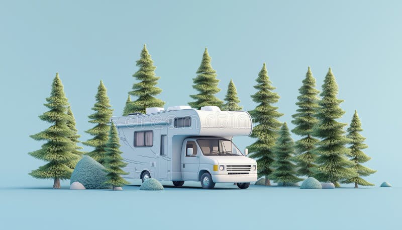 Motorhome Camping among Pine Trees with a Blue Sky Background - a ...