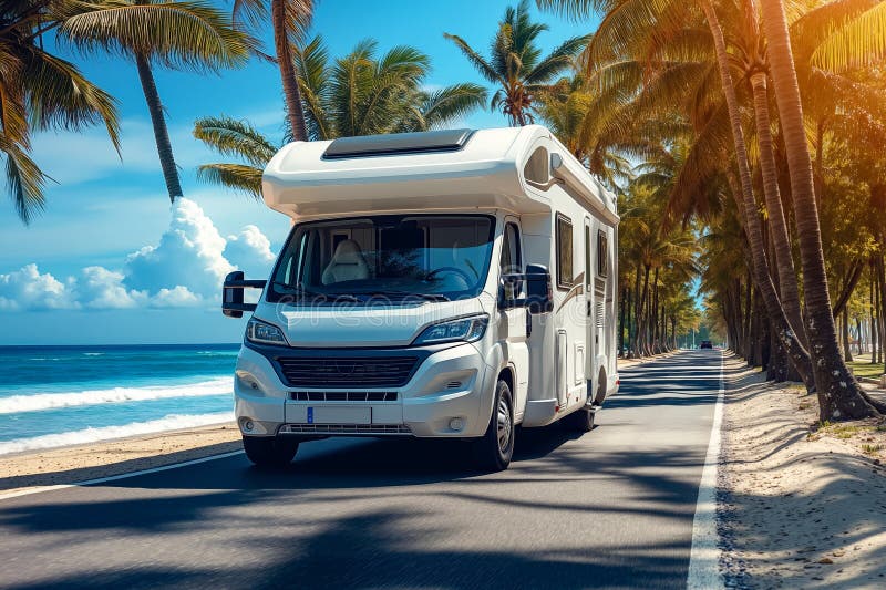 A Motorhome Driving Down a Road Next To the Ocean and Palm Trees Stock ...