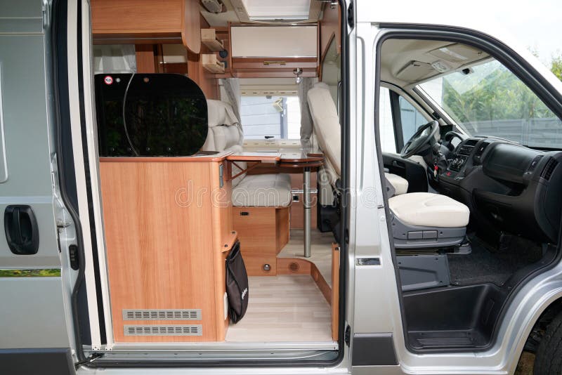 Motorhome RV Campervan Side View with Open Door Stock Photo - Image of ...