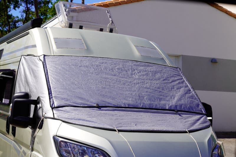 Motorhome with Thermal Screen Blind Windshield Cover Grey Stock Image ...