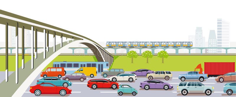 Motorway with Express Train, Bus and Passenger Car, Illustration Stock ...