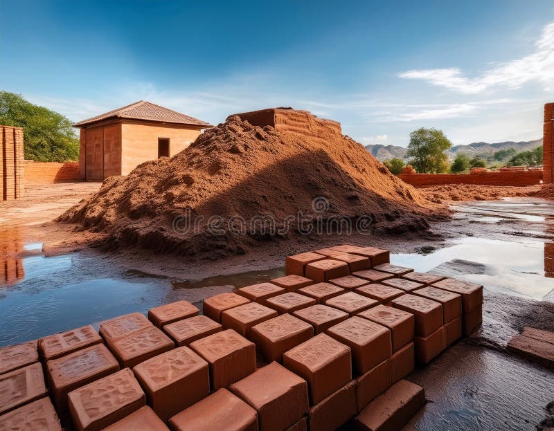 A Mound of Clay Prepared with Water Placed beside Brick Molds ...