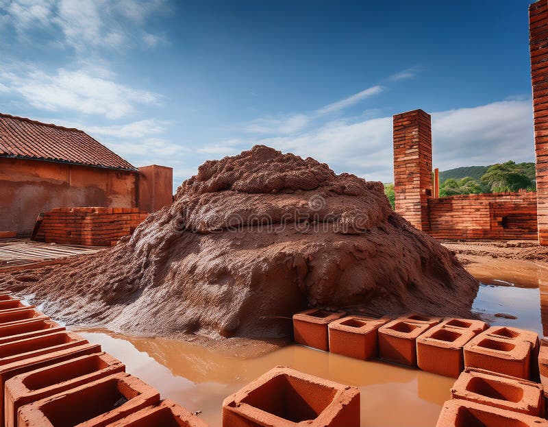 A Mound of Clay Prepared with Water Placed beside Brick Molds ...