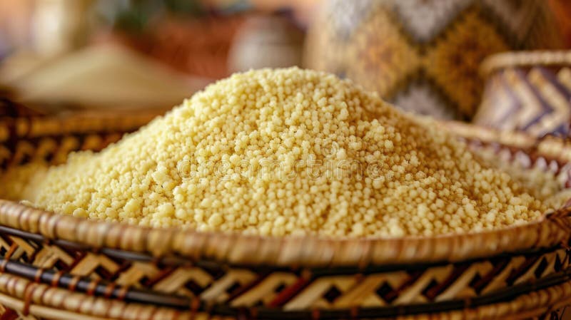 Golden Couscous in a Rustic Woven Basket: Close-up Detail Stock ...