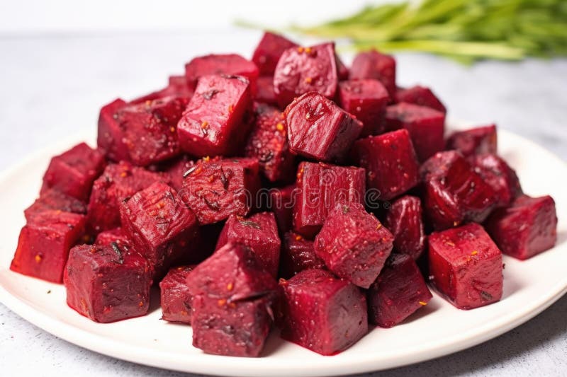 A Mound of Cubed Roasted Beets on a White Circle Plate Stock ...