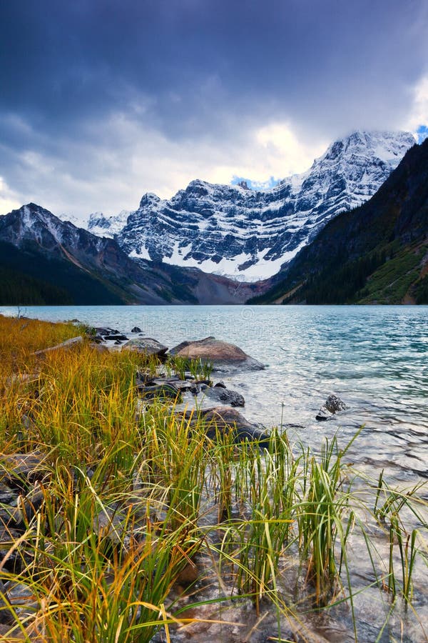 Mount Chephren and Chephren Lake in Banff National Park, Canada Stock ...