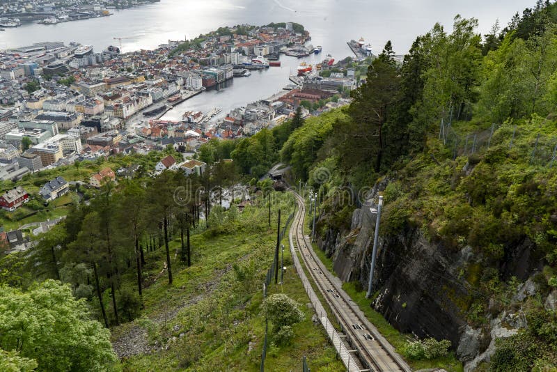 Mount Floyen Funicular Rails with Scenic City and Harbor Views Stock ...