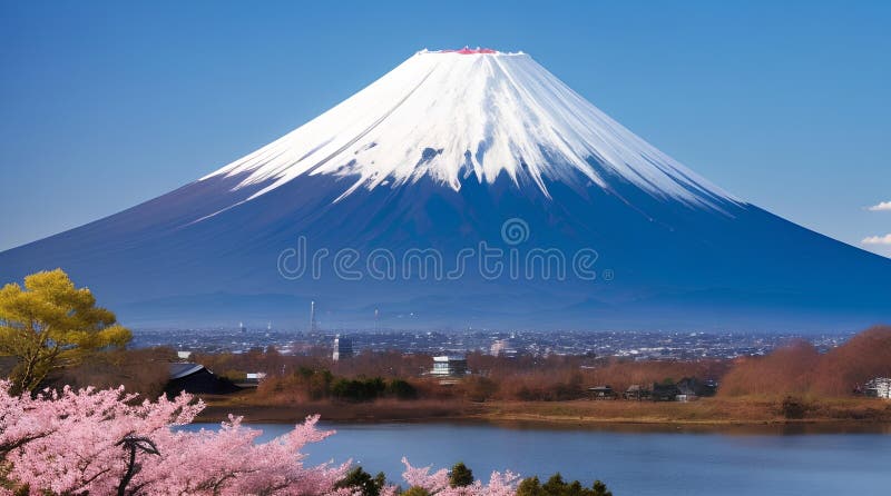 Cherry Blossoms on the Background of Fujiyama. Drawing Watercolor on ...