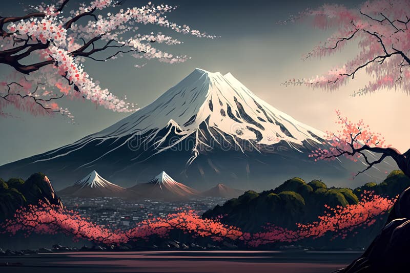 Mount Fuji and Cherry Blossoms in Spring, Japan. 3D Rendering Stock ...