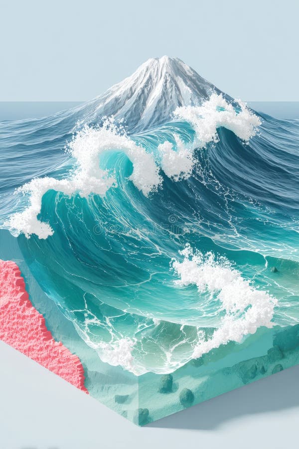 Mount Fuji Erupting Causing a Tsunami Wave Simulation Infographic Stock ...