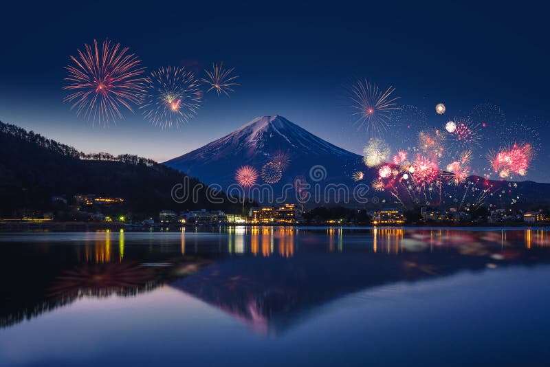 Mount Fuji (Japan) with Fireworks Stock Photo - Image of fete, darkness ...