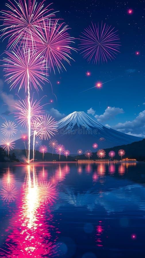 Mount Fuji at Night with Fireworks Stock Illustration - Illustration of ...
