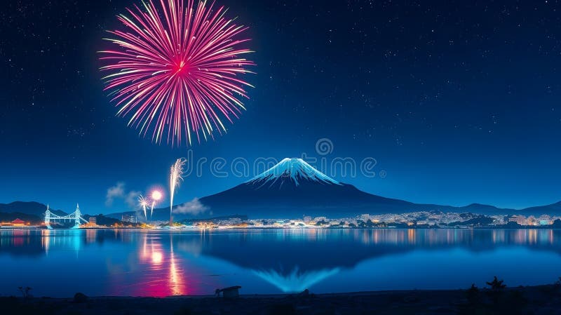 Mount Fuji at Night with Fireworks Stock Illustration - Illustration of ...