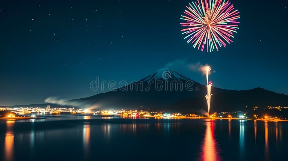 Mount Fuji at Night with Fireworks Stock Illustration - Illustration of ...