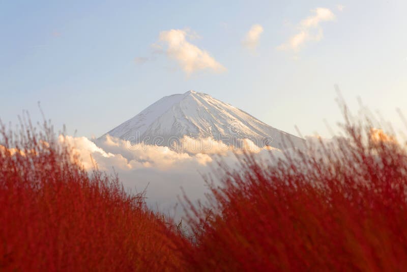 Mount Fuji at Sunset with Glowing Clouds, Snow on the Top and Red ...