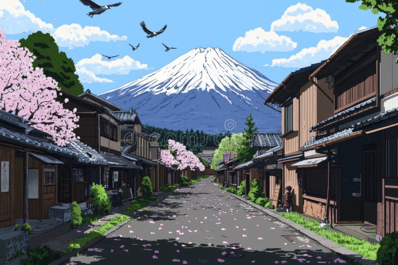 Mount Fuji Viewed from a City in an Anime Style Using Modern Stock ...
