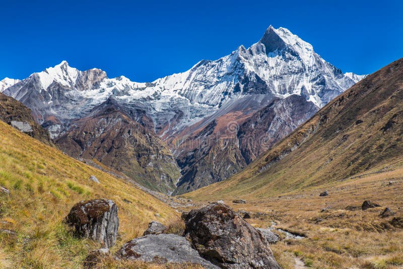Mount Machhapuchchhre and Fishtail Peak Stock Image - Image of mountain ...