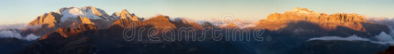 Mount Marmolada and Mount Sella Sunset Panorama Stock Photo - Image of ...