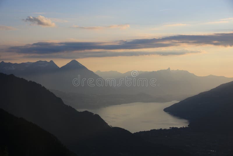 Mount Niesen and Lake Thun at Sunset Stock Photo - Image of scene ...
