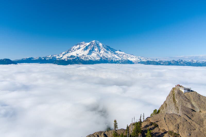 Mount Rainier Above the Clouds from High Rock Lookout in June Stock ...