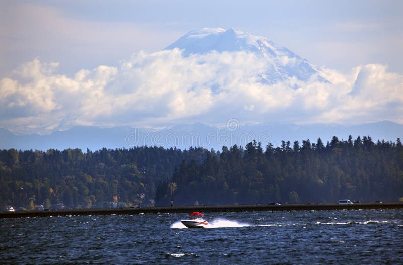 Mount Rainier Lake Washington Floating Bridge Stock Photo - Image of ...