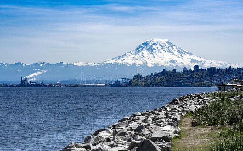 Mount Rainier from Point Ruston Including Tacoma Industrial Area Stock ...