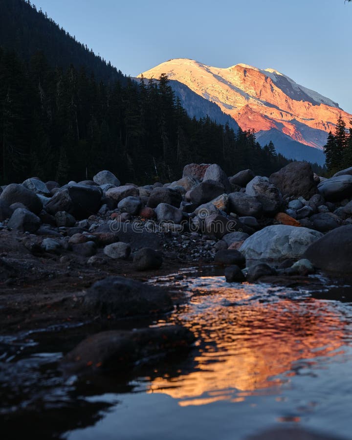 Mount Rainier with Reflection on the River during Sunset Stock Photo ...