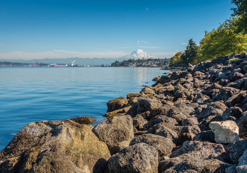 Mount Rainier from Ruston 5 Stock Photo - Image of shoreline, coast ...