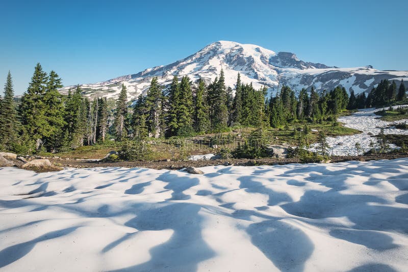 Mount Rainier from a Snow-covered Reflection Lake Stock Image - Image ...
