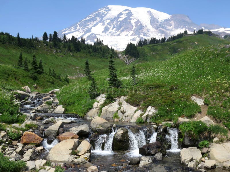Mount Rainier with Stream stock image. Image of alpine - 109058933