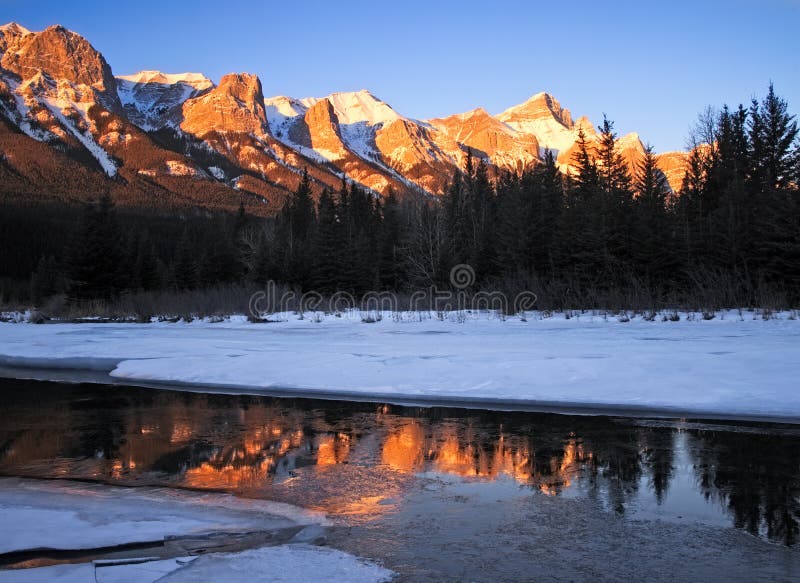 Mount Rundle and the Bow River in Winter from Canmore, Alberta Stock ...