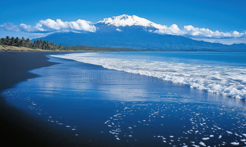 Mount Taranaki Overlooking Black Sand Beach, Clear Blue Sky, Gentle ...