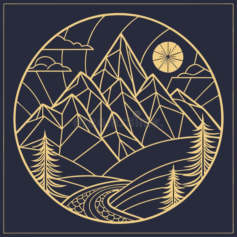 Geometric Mountain Landscape Line Art in Gold and Navy, Ideal for Decor ...
