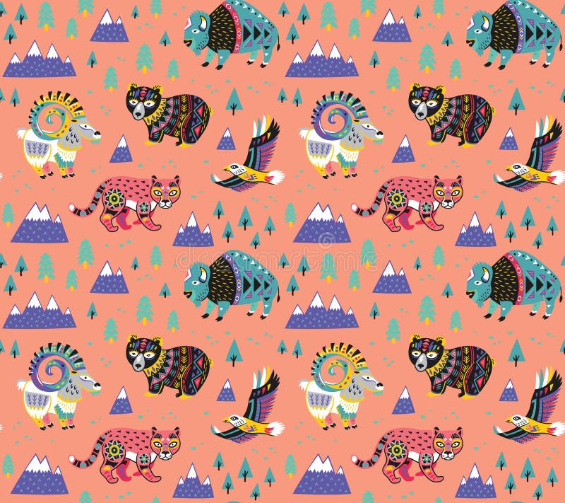 Mountain Animals Pattern in Ethnic Style. Vector Illustration Stock ...