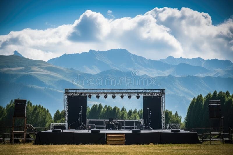 Mountain Backdrop with a Small Stage Set for a Music Festival Stock ...