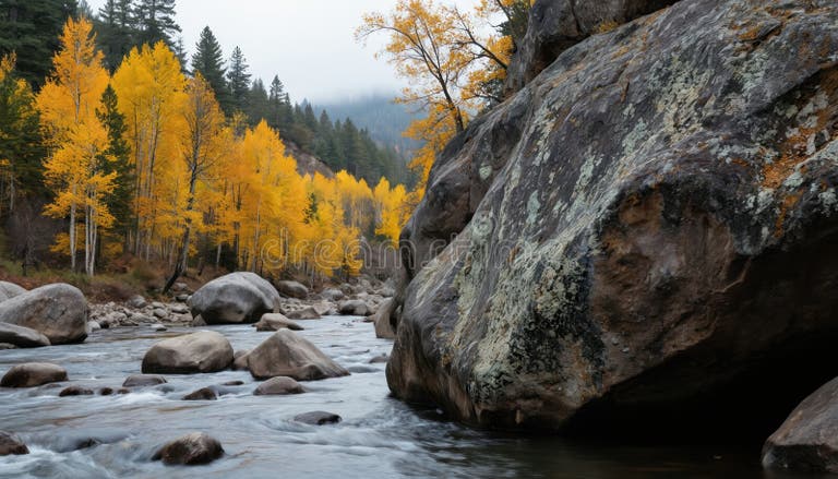 Mountain Base Scene with Large Gray-brown Boulder Partially Covered in ...
