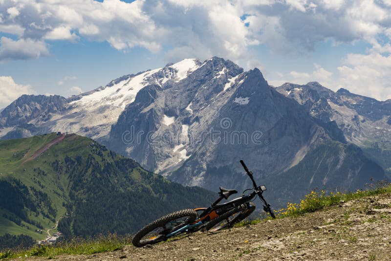 Mountain Bike on a Background of Mountains. Dolomites. Italy. Stock ...