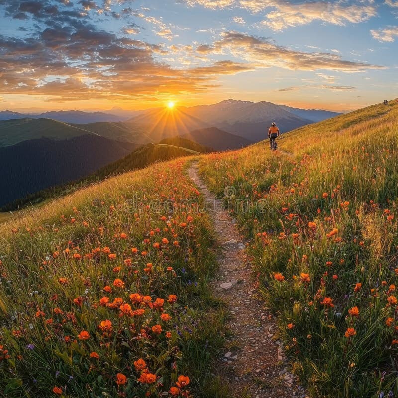A Mountain Biker Descends a Rocky Trail during Sunset, Surrounded by ...