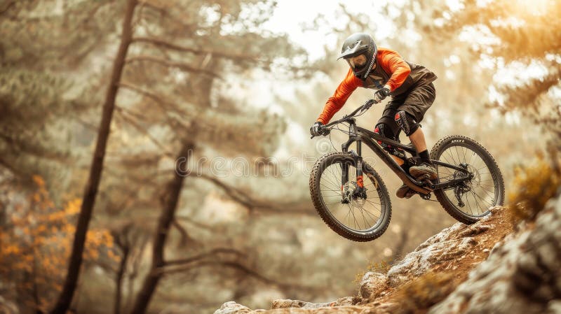 Mountain Biker Performing a Jump on a Challenging Trail, Dynamic and ...