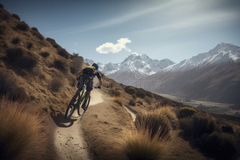 Mountain Biker Racing Down a Winding Path, with the View of Distant ...