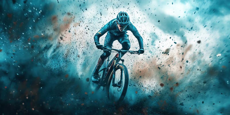 Mountain Biker Racing through Dust and Debris in Dynamic Action Shot ...